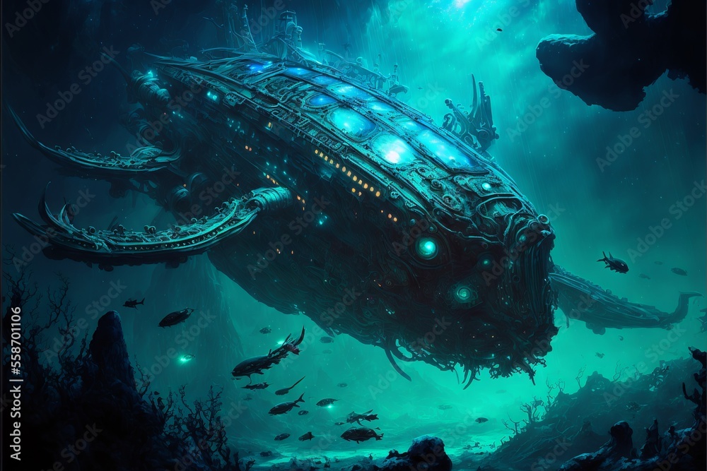 Deep sea biomechanical submarine creature in fantasy underwater ...