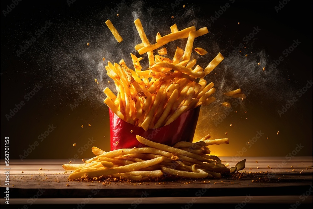 a pile of fries with a red container on the side of it and a lot of ...