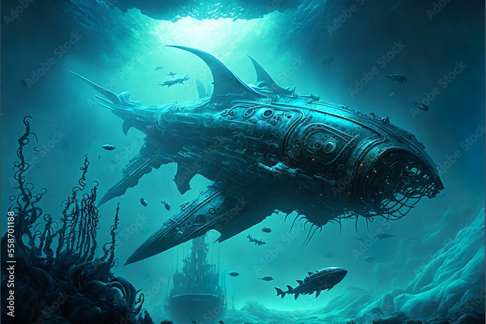Deep sea biomechanical submarine creature in fantasy underwater ...