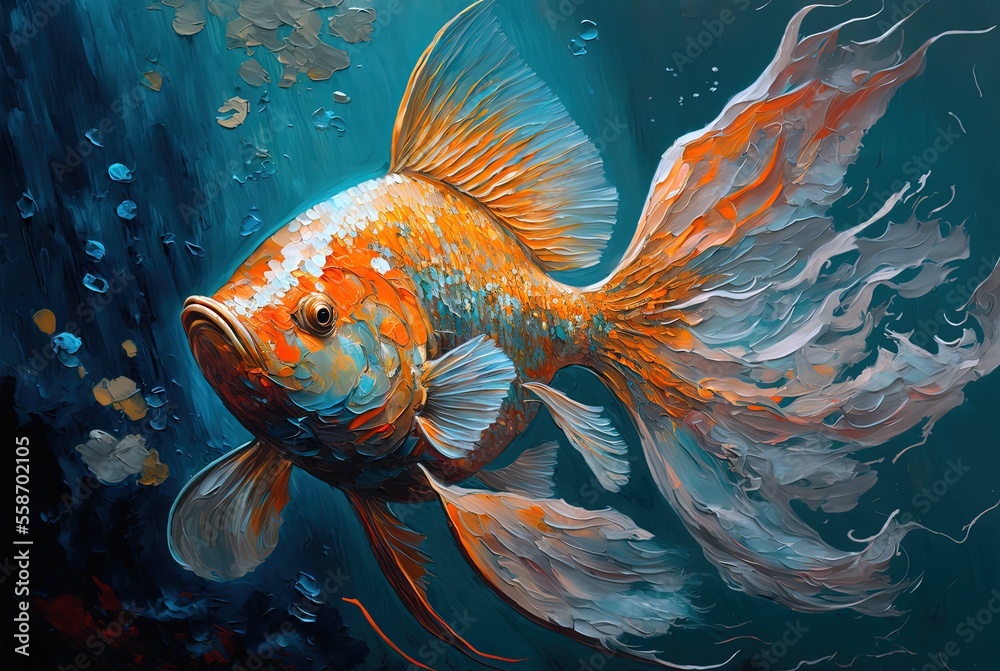 oil painting style illustration of a gold fish with long ribbon tail ...