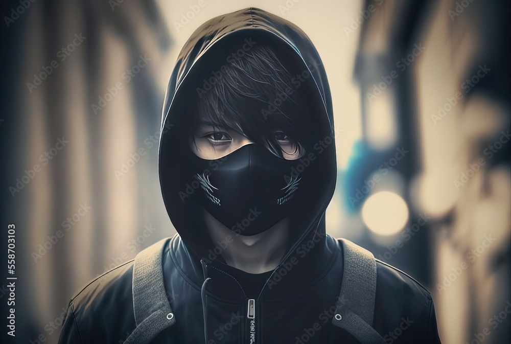 teenager young Asian man wearing black facemask in public, theme of ...