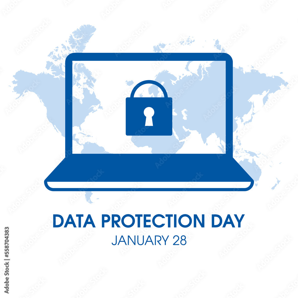 Data Protection Day vector. Protected laptop with lock blue icon vector ...