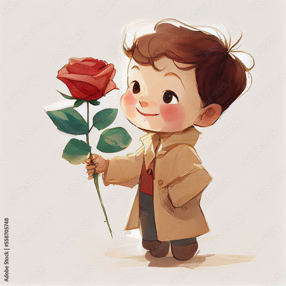 Cartoon cute happy boy holding a rose. Generative AI Stock Illustration ...