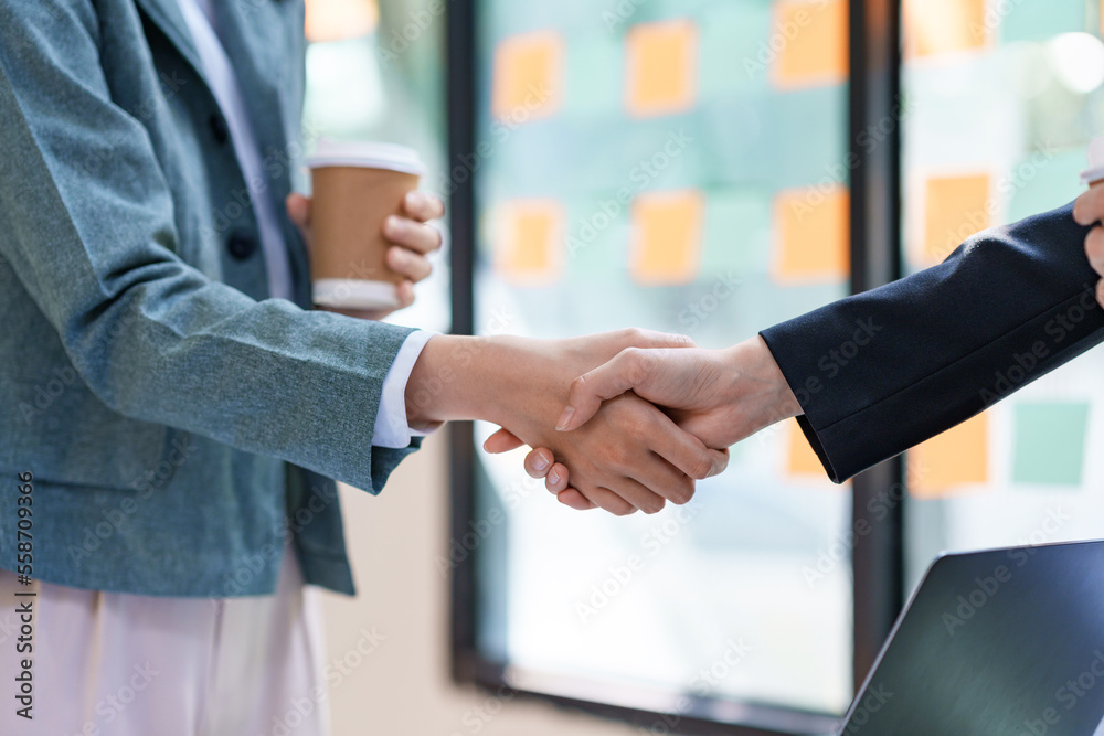 Business People standing, congratulating shaking hands confirming the ...
