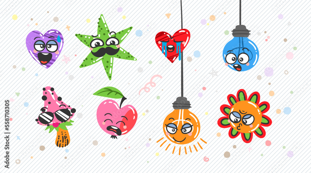Set of Various Cartoon Elements with Emoticons. Doodle faces, eyes and ...