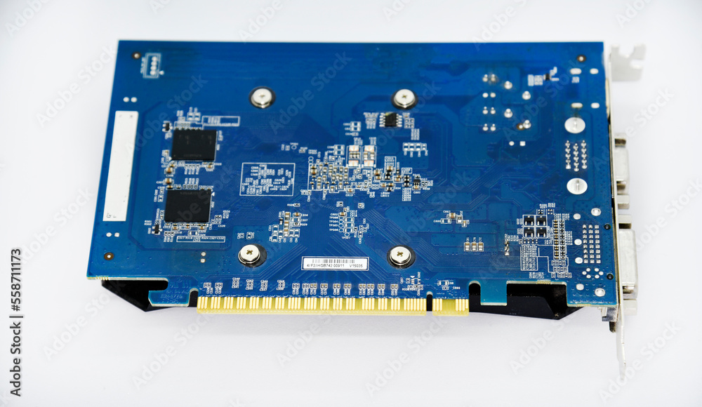 Electronic graphics card board with chips and radio elements. The ...