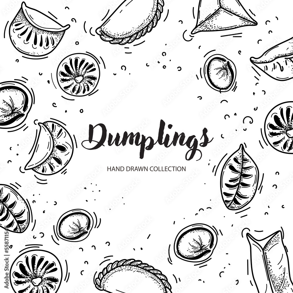 Dumplings top view frame. Food menu design template. Hand drawn vector ...