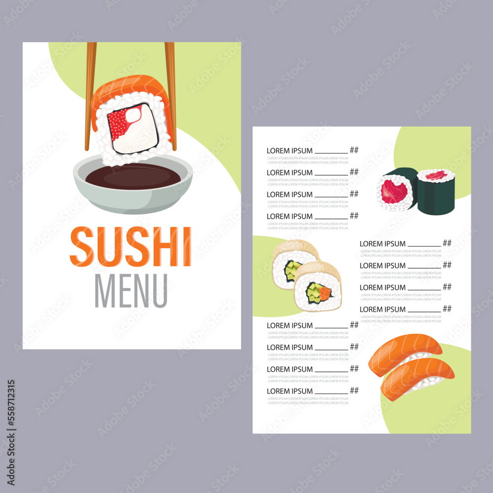 Sushi and Japanese food menu design with food elements. Asian cuisine ...
