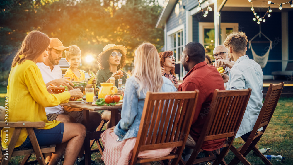 Big Family and Friends Celebrating Outside in a Backyard at Home ...