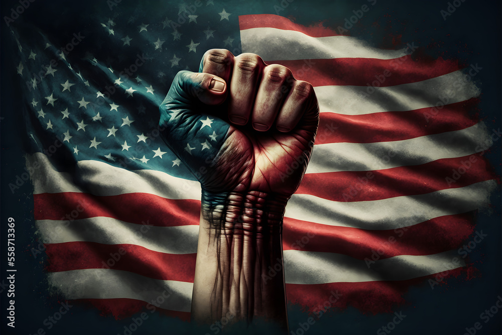 raising human fist in the air, usa us flag background, symbol concept ...