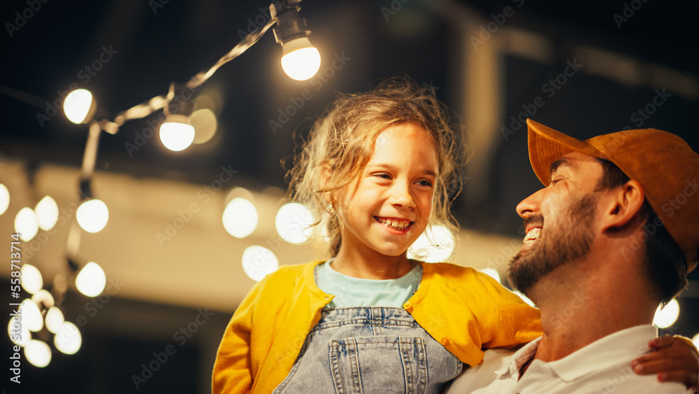 Proud Handsome Father Helping His Little Beautiful Daughter to Change a ...