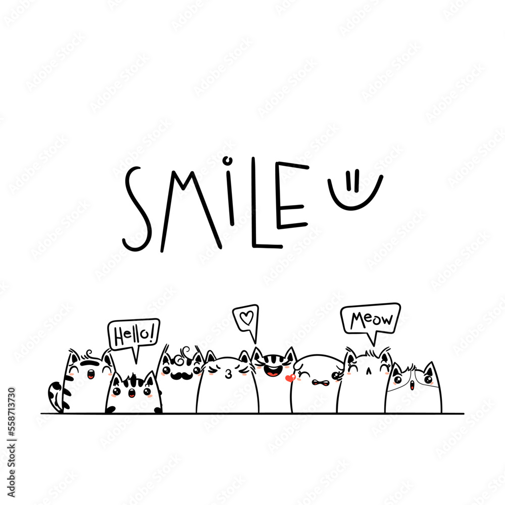 Smile. Hello. Kawaii illustration hand drawn banner. Cute cats with ...