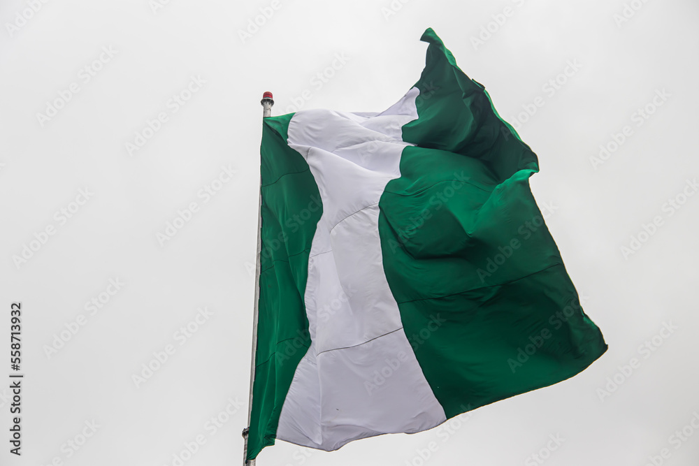 Nigerian flag, with three vertical bands of green, white, green. The ...