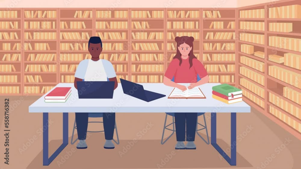 Animated students study in library. Learning on campus. Pupils with ...