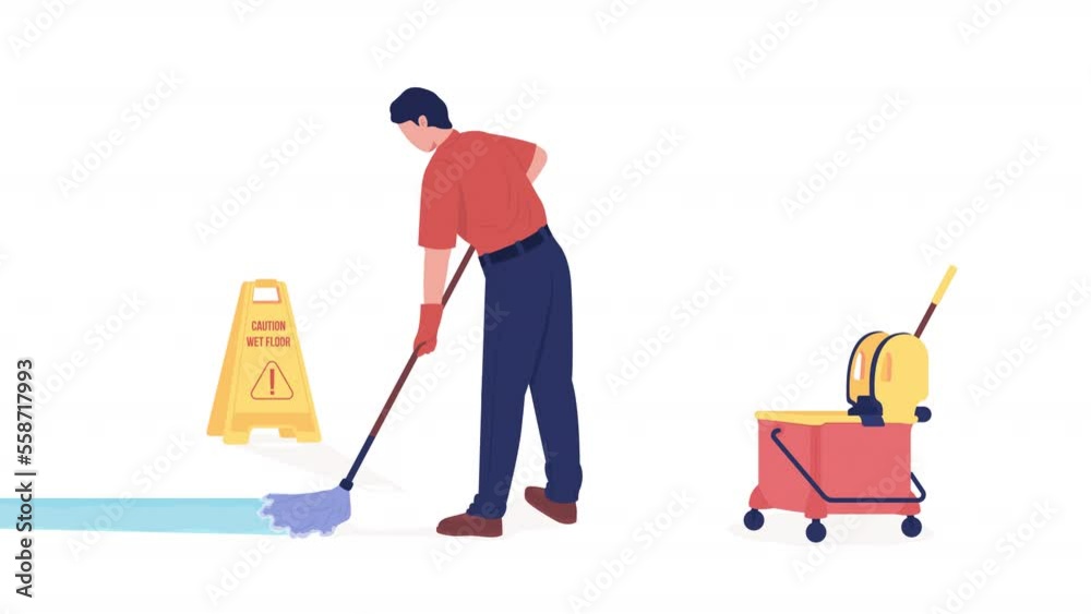 Animated school cleaner. Janitor cleaning floor in hall. Full body flat ...