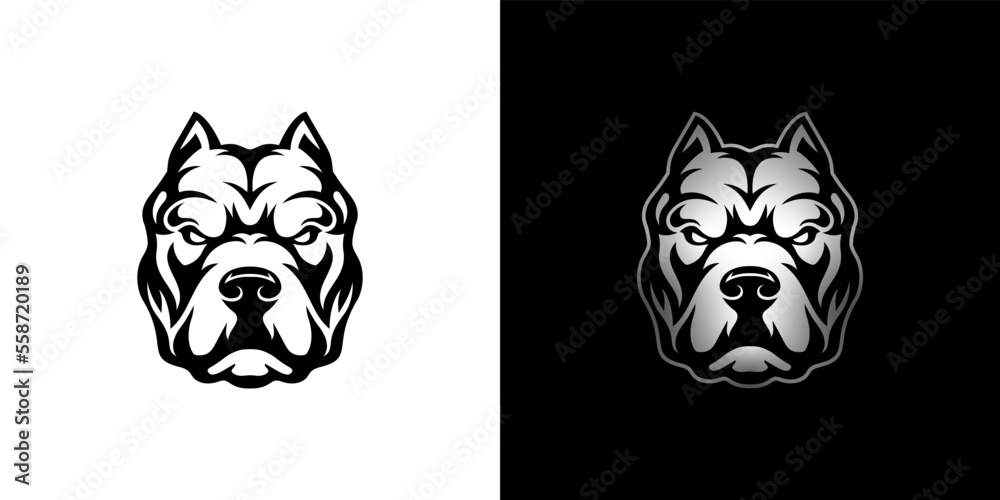 Pit bull dog head vector illustration logo on white and black ...