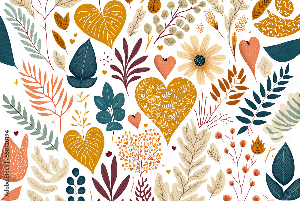 Heart and leaves valentine pattern with flowers on transparent ...