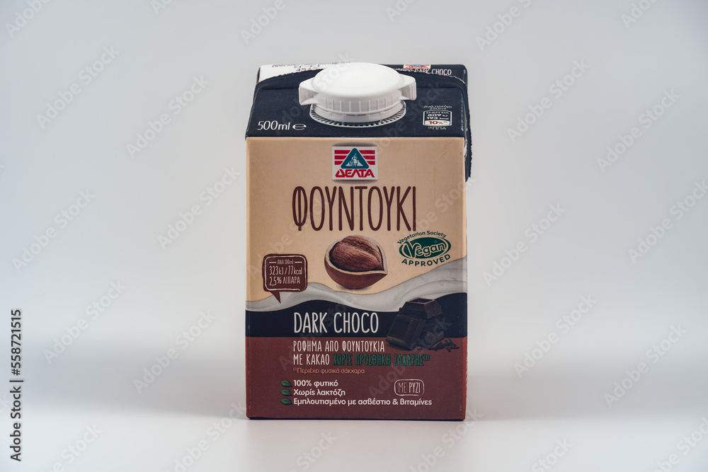 Greek dark choco milk. 500 ml Tetra Pak vegan-approved no-sugar ...