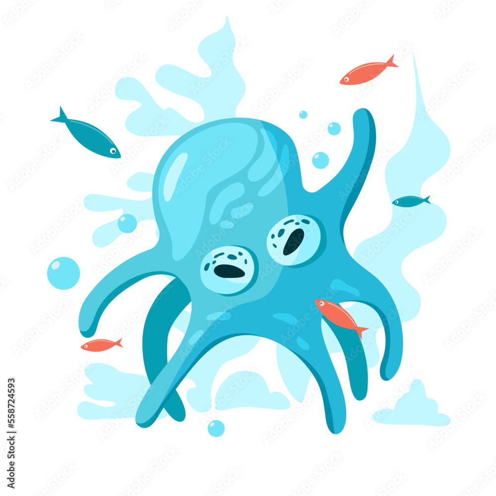 Blue octopus underwater. Cartoon style. Stock Vector | Adobe Stock