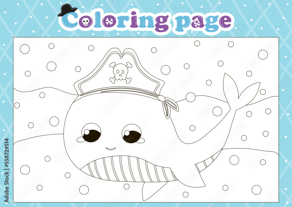 Pirate themed coloring page for kids with cute animal character whale ...