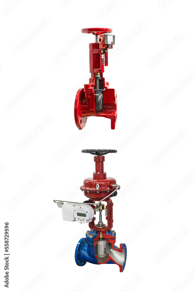longitudinal and cross sections of small-sized gas valves isolated on ...