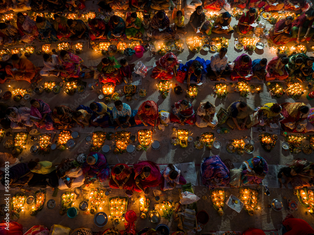 Dhaka, Bangladesh - 15 November 2022: Aerial view of people at Rakher Upobash festival, Shri ...
