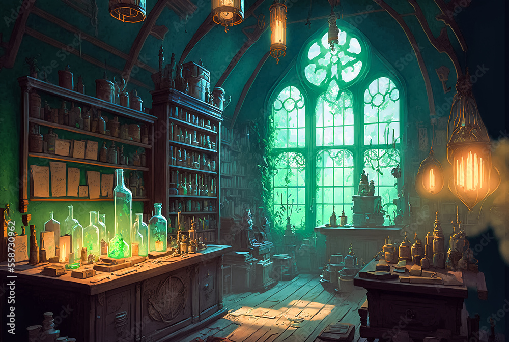 Laboratory wizard medieval alchemy, retro interior Stock Illustration ...