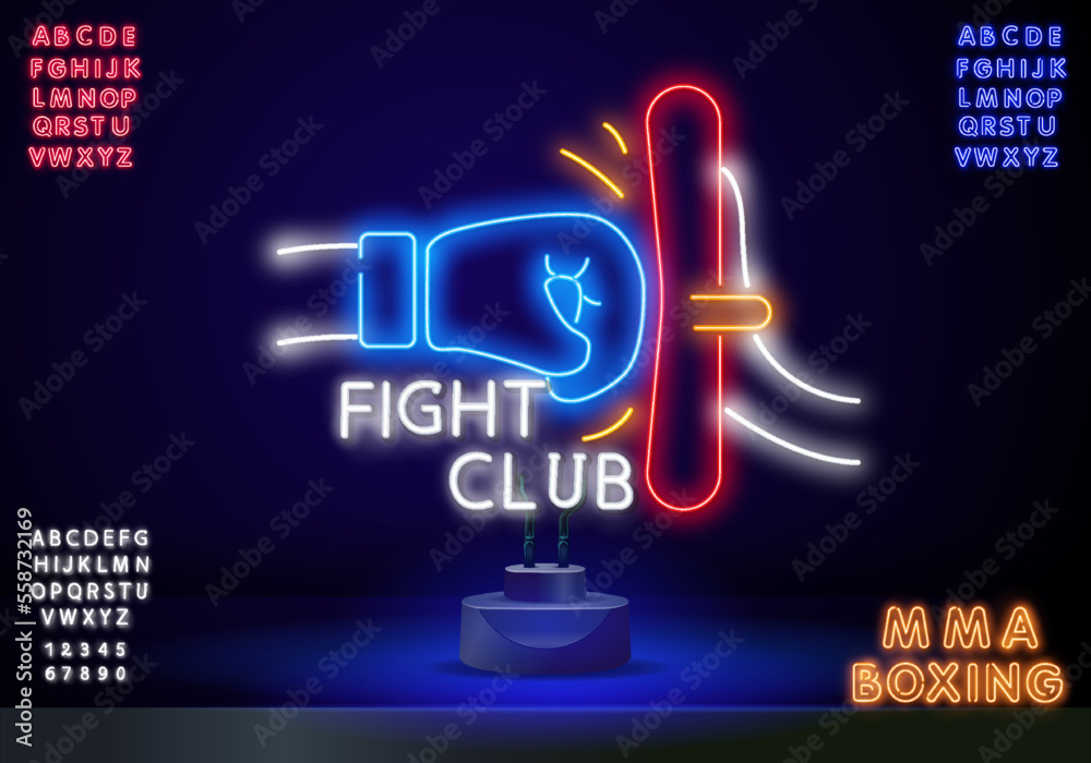 Boxing gloves and Punching bag neon icon. Boxing glowing sign. Vector ...