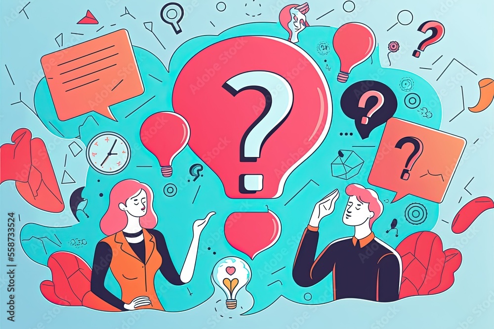 Question. Group of talking people with speech bubbles and giant ...