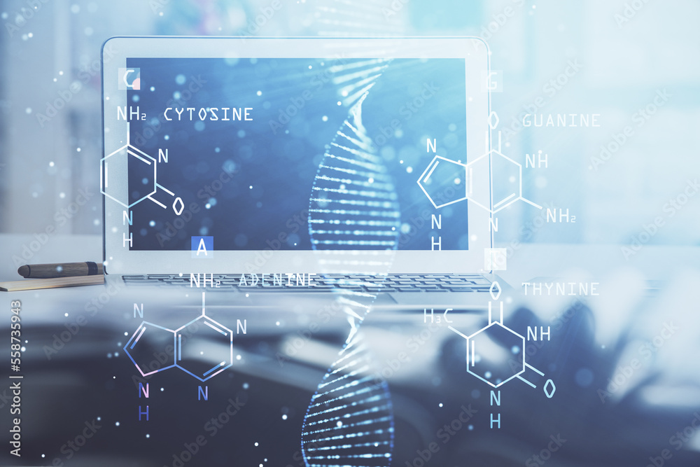 Desktop computer background and DNA drawing. Double exposure. Science ...