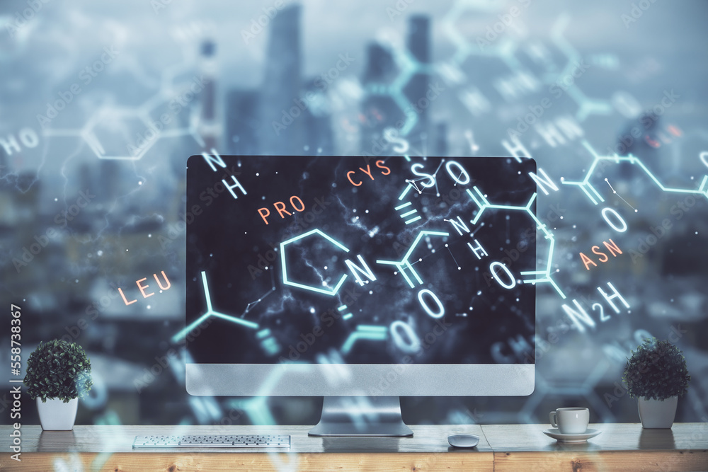 Desktop computer background and formula hologram writing. Double ...