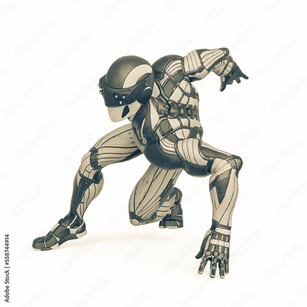 super hero is doing a dynamic comic pose in an exosuit Stock ...