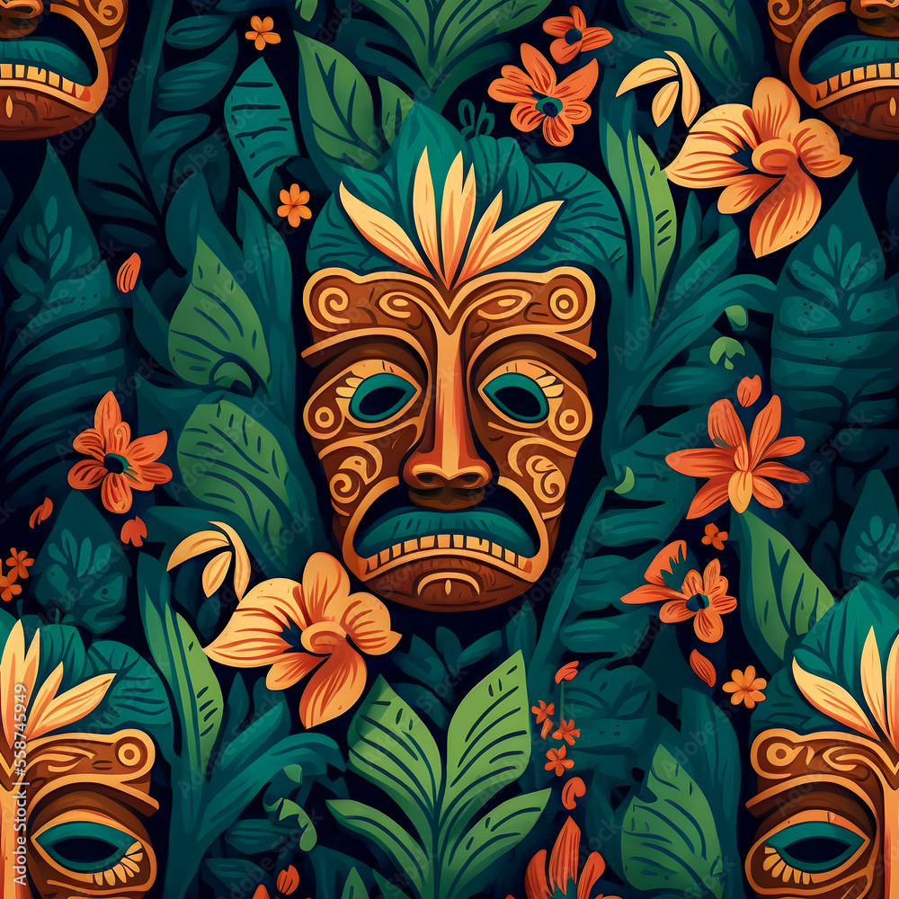Tiki Mask, sad face portrait whit jungle flowers, illustartion Stock ...