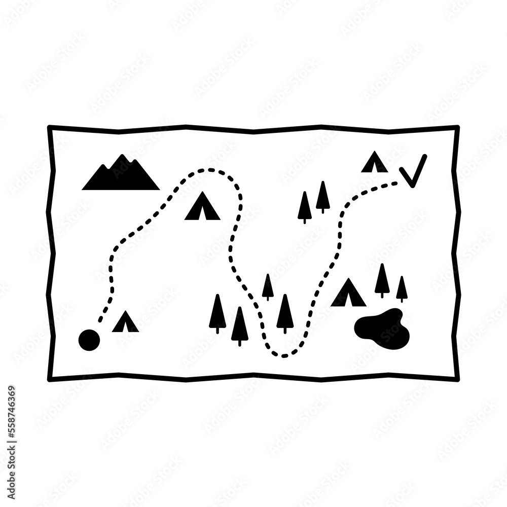 Tourist map icon. Black contour linear silhouette. Horizontal front ...