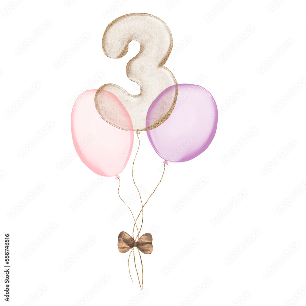 3 gold Birthday ballon with pink baloons. Number three glitter gold ...