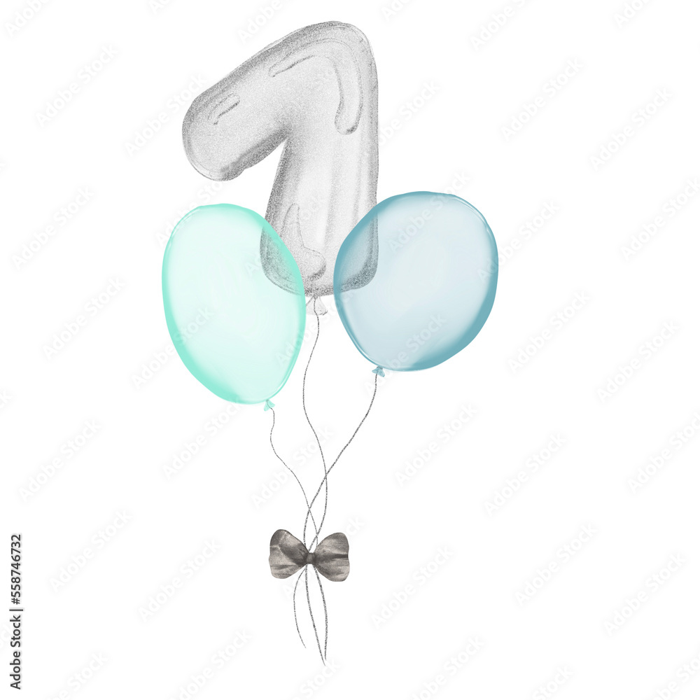 1 silver Birthday ballon with blue baloons. Number one glitter silver ...