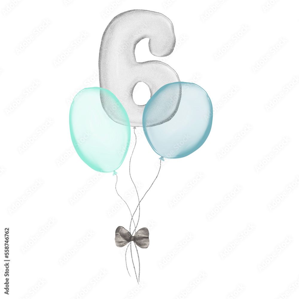 6 silver Birthday ballon with blue baloons. Number six glitter silver ...