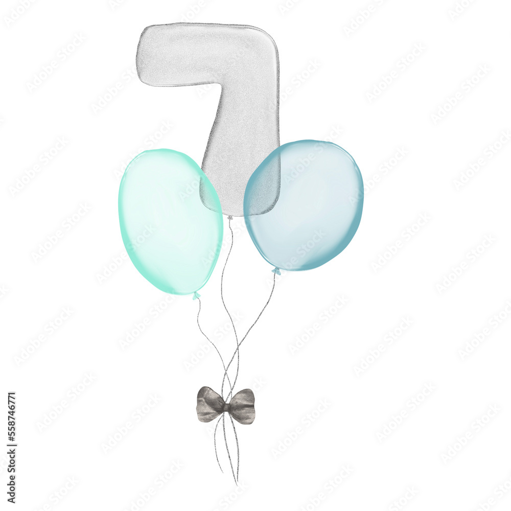 7 silver Birthday ballon with blue baloons. Number seven glitter silver ...
