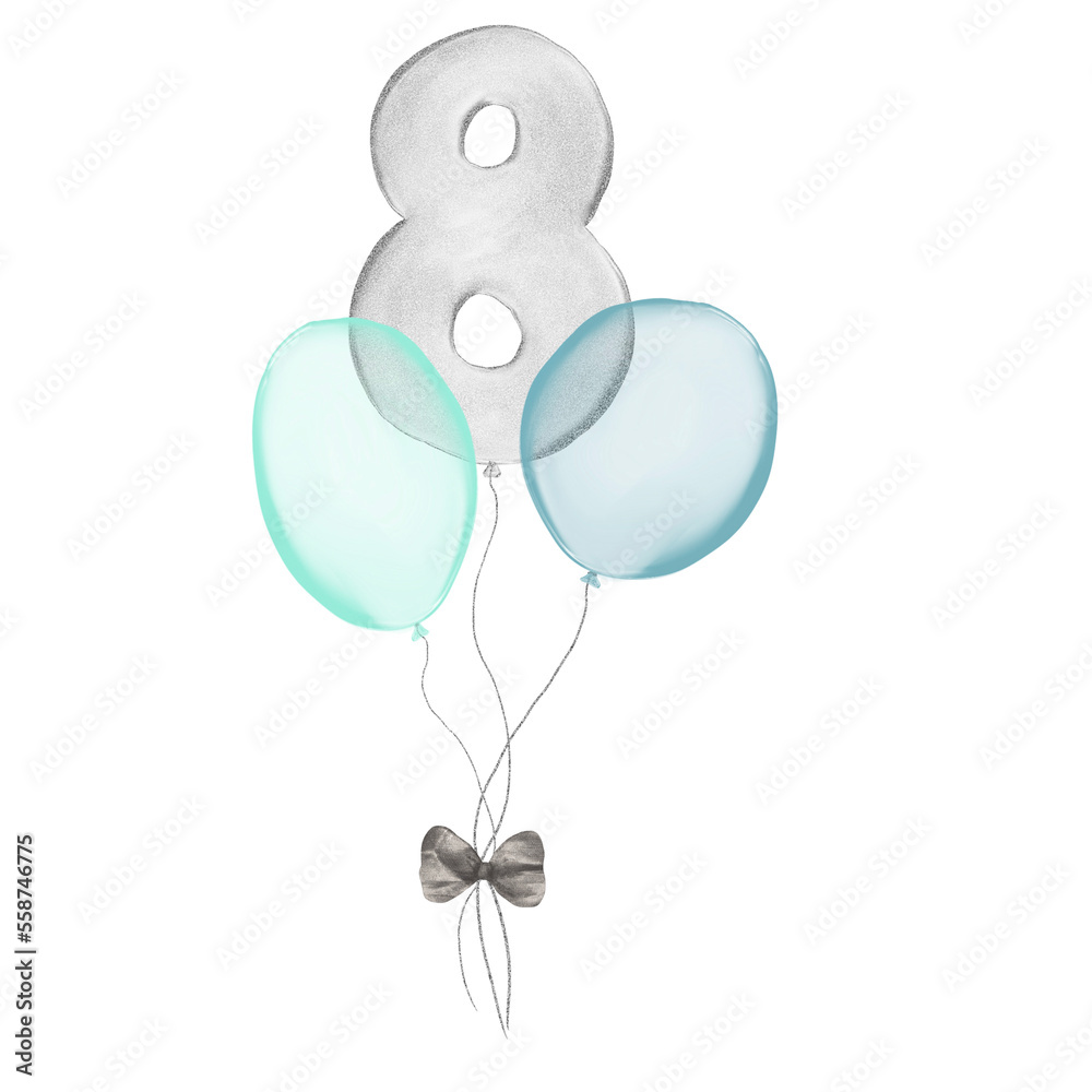 8 silver Birthday ballon with blue baloons. Number eight glitter silver ...