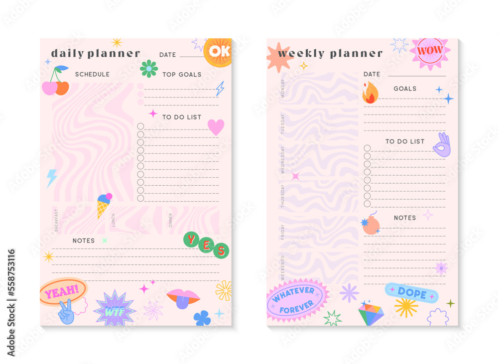 Vector weekly and daily planners templates with y2k patches,icons and ...