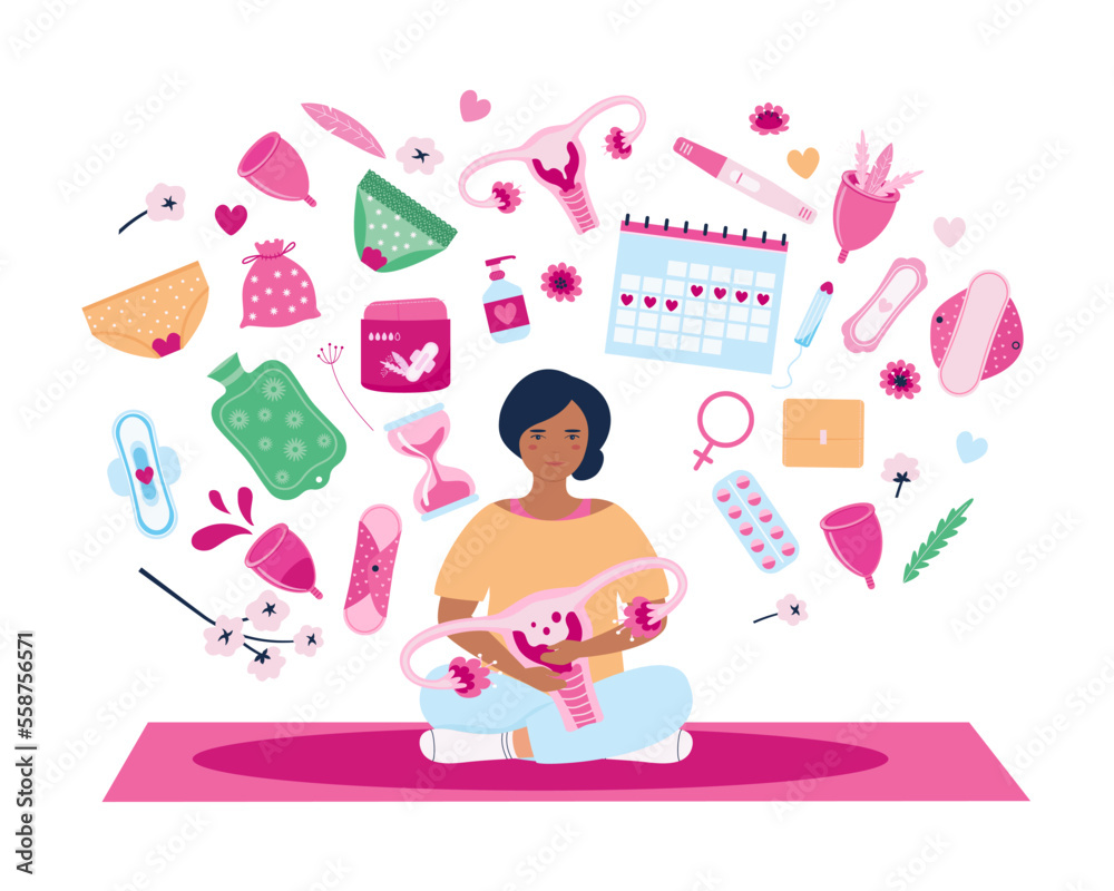Woman and acssesorise for menstrual period. Female menstruation cycle ...