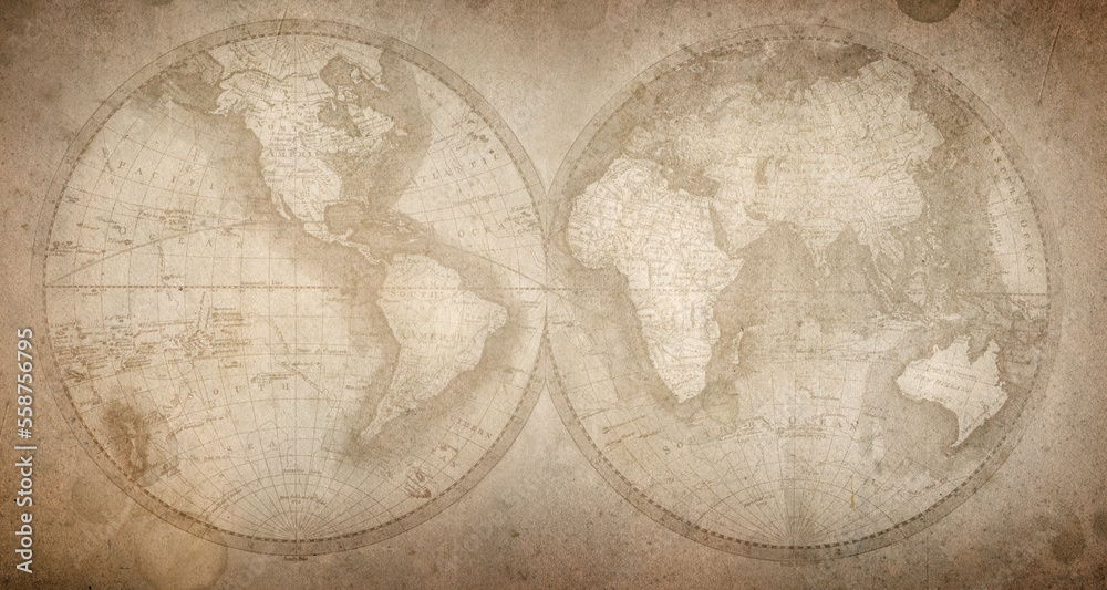 Old geographical map of the world of the 18th century. A good background for design on the theme ...