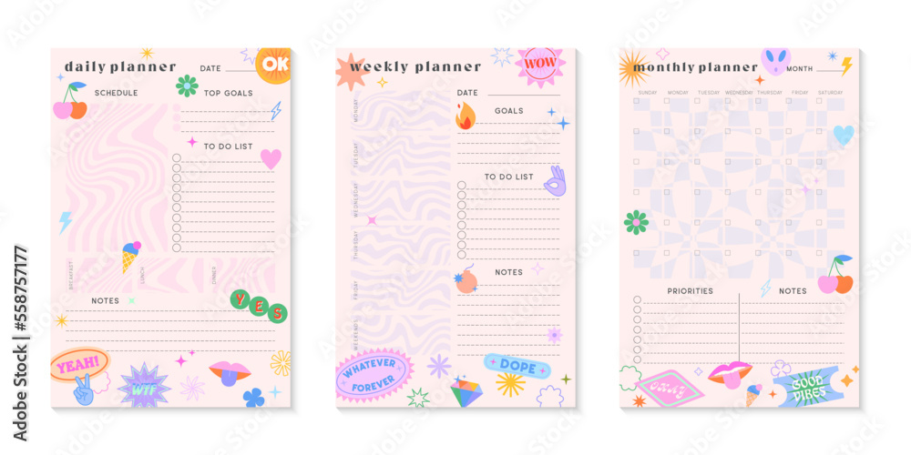 Vector daily,weekly,monthly planners templates with y2k patches,icons ...