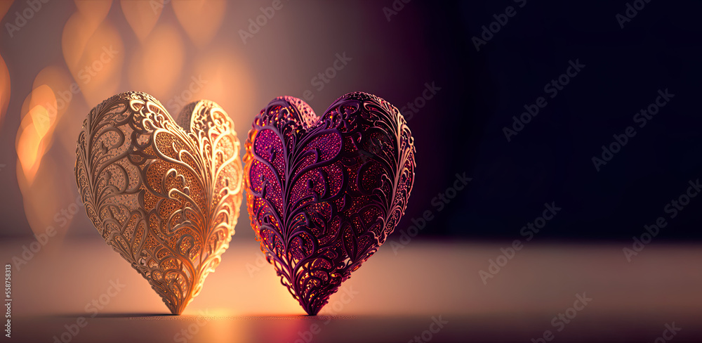 Two intricate pink hearts in lace standing near each other, copy space ...