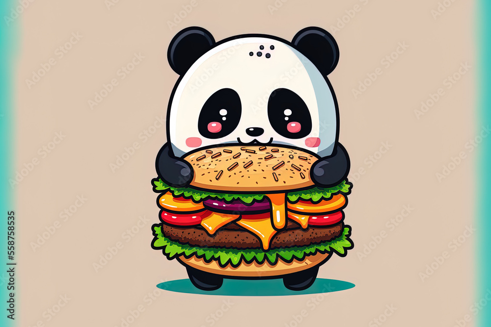 Animal food concept portrayed with an adorable panda eating a hamburger ...