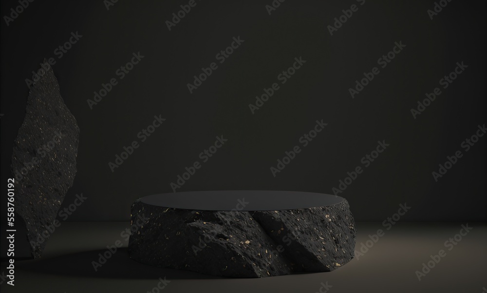 Dark showcase with natural mineral. Black gold stone as pedestal for ...