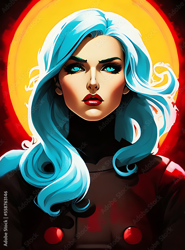 Ilustración estilo cómic de superheroíana con pelo azul y poderes especiales en portada - AI ...