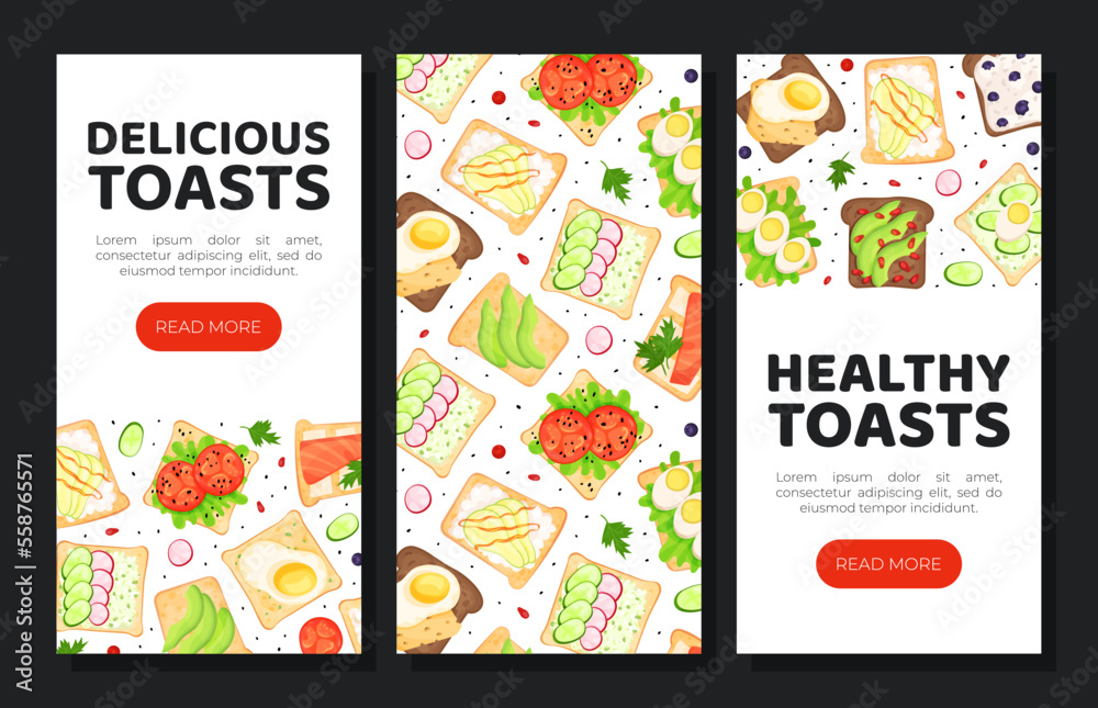 Healthy toasts mobile app templates set. Delicious toasts landing page ...