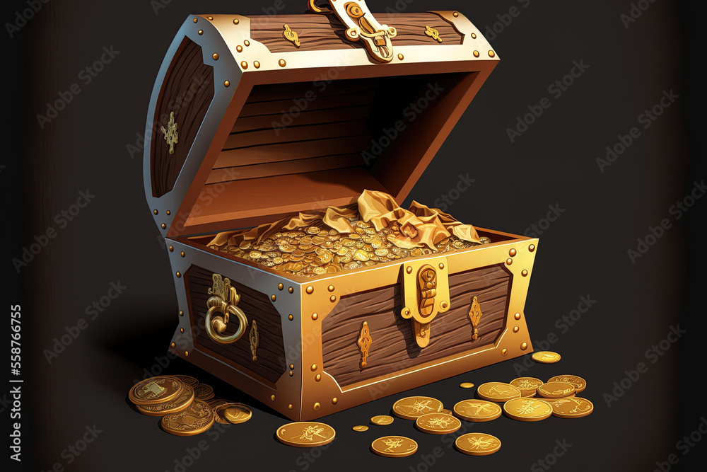 cartoon treasure chest with golden money and an antique box that is ...