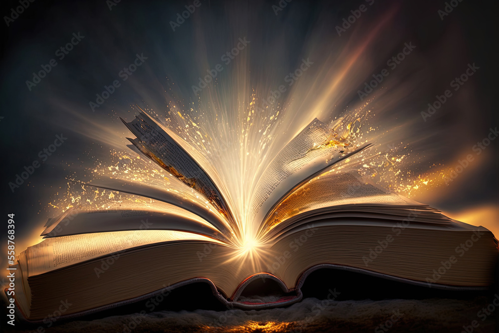 An open Bible with rays of light coming out of it. Generative AI. Stock Illustration | Adobe Stock
